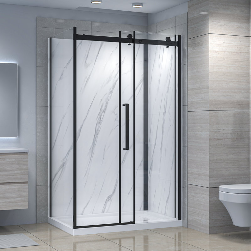 Dreamwerks Bristol 48" W x 32" D x 79.2" H Framed Rectangular Reversible Shower Kit in Black ...
